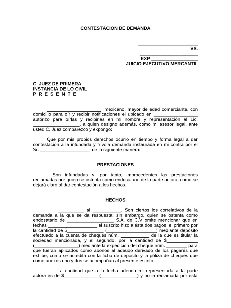 Contestación a Demanda Mercantil | PDF | Derecho