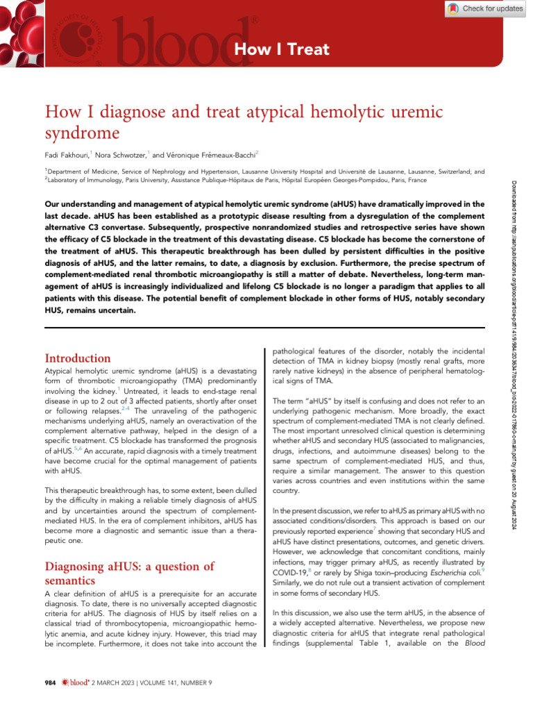How I Diagnose and Treat Atypical Hemolytic Uremic Syndrome | PDF ...