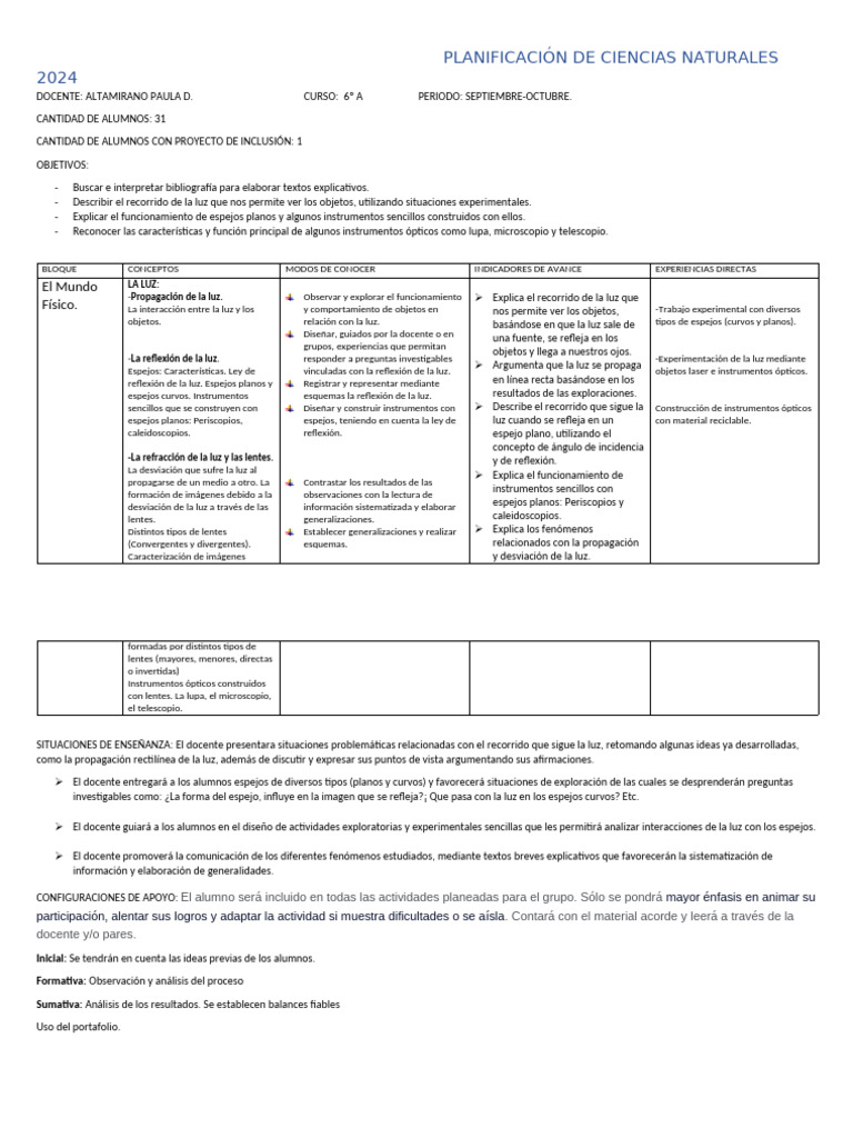 Planificación Ciencias Naturales 6º A | PDF | Óptica | Ligero