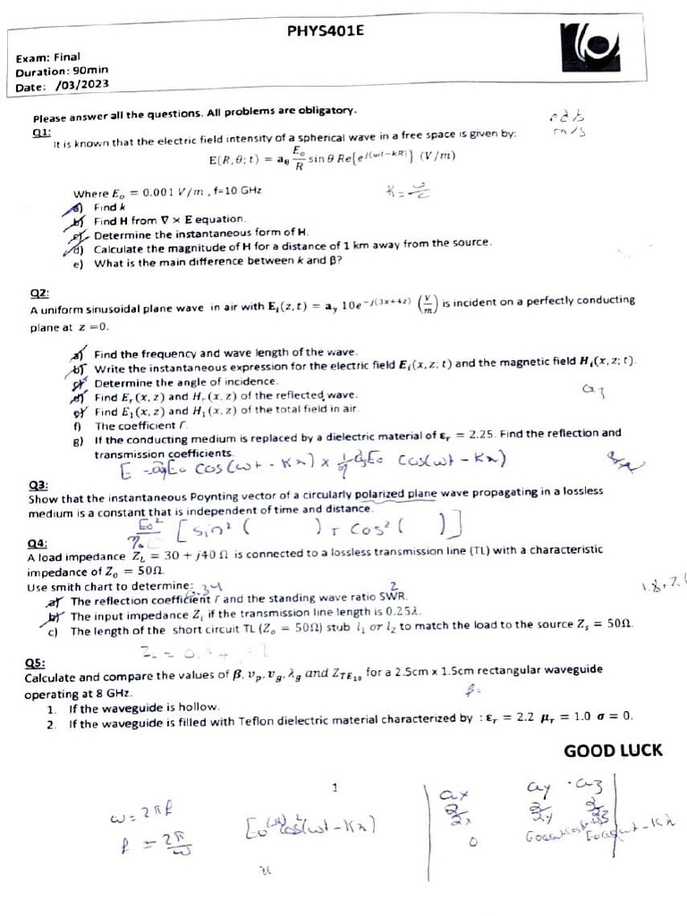 PHYS401E Final Exam Questions | PDF | Electromagnetic Radiation ...