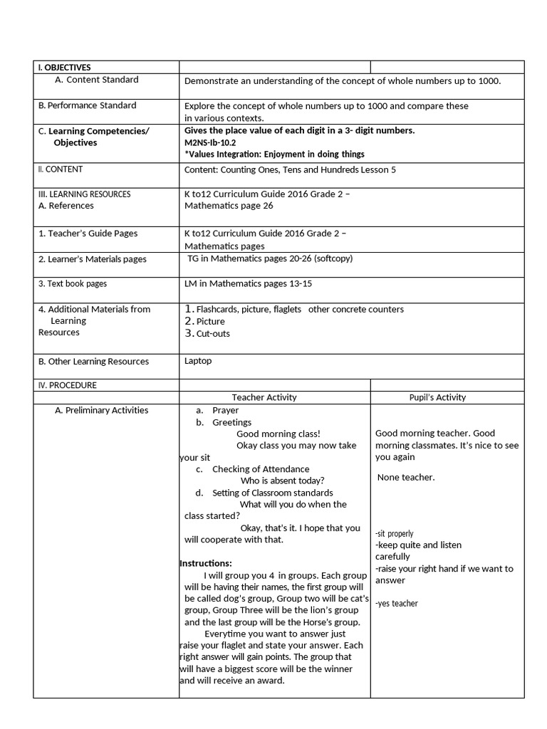Whole Numbers Lesson Plan for Grade 2 | PDF | Teachers | Curriculum