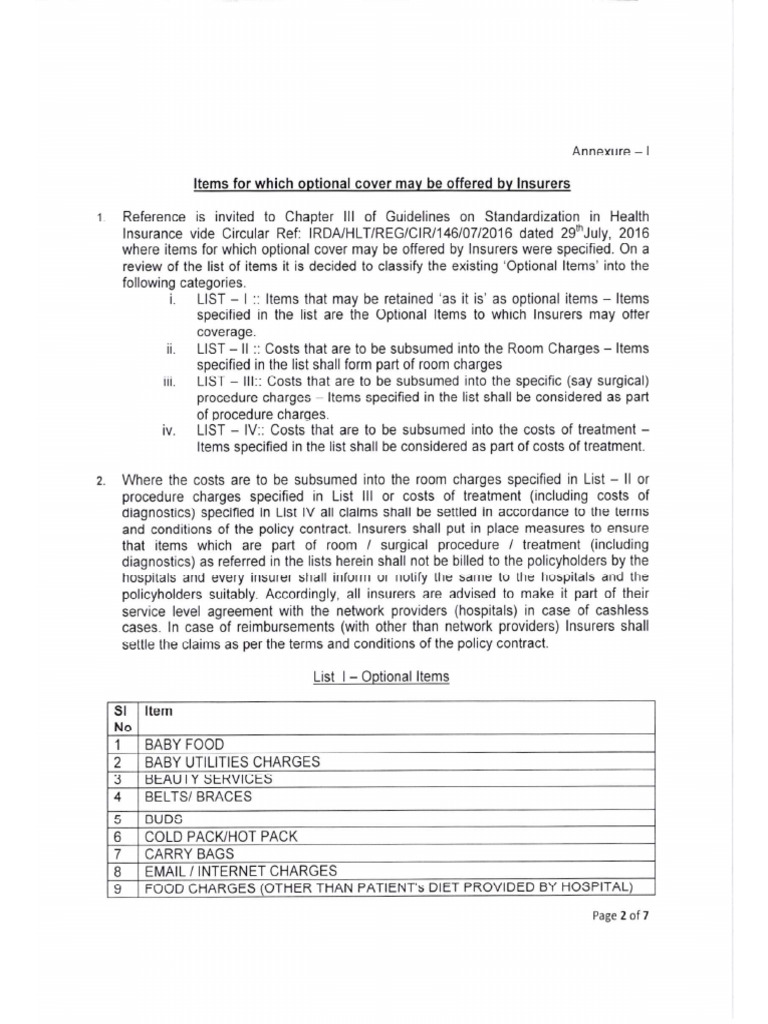 List of Non Payable Items-IRDAI Upload | PDF