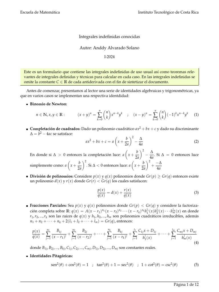 Formulario de Integrales Usuales | PDF | Integral | Funciones y mapeos