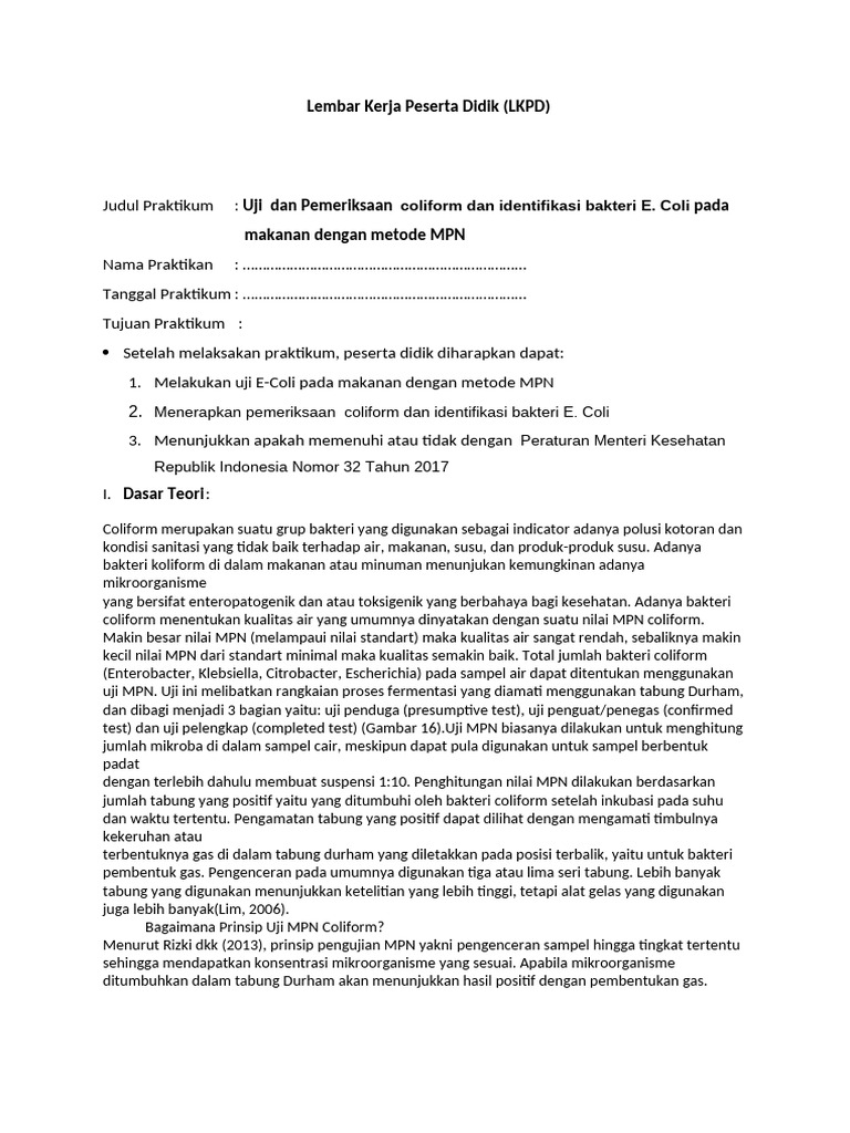 LKPD Penentuan E-Coli Metode MPN | PDF | Kesehatan Holistik