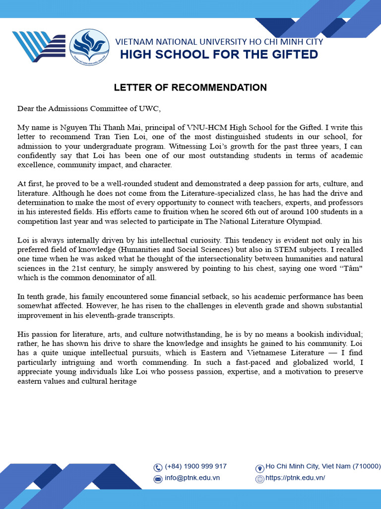 High School For The Gifted: Letter of Recommendation | PDF | Vietnam | Ho Chi Minh