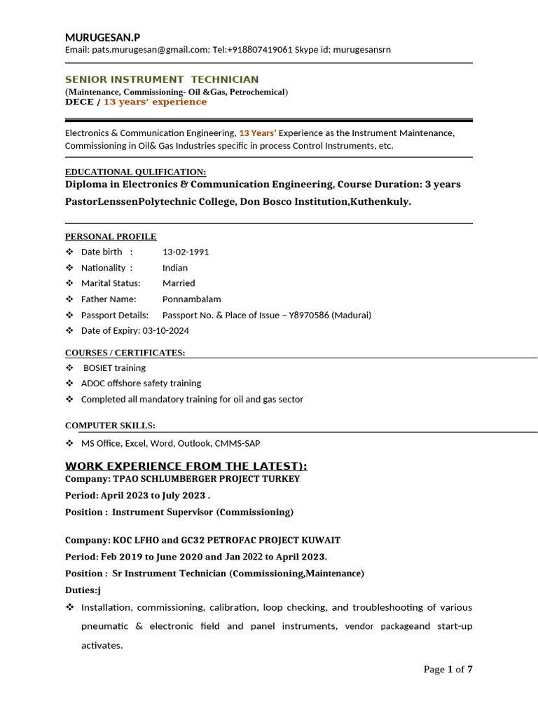 Murugesan.P Instrument CV | PDF | Instrumentation | Flow Measurement