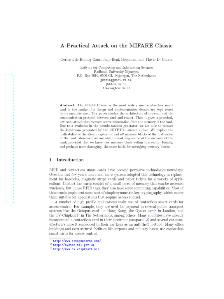A Practical Attack On The MIFARE Classic | PDF | Encryption | Computing