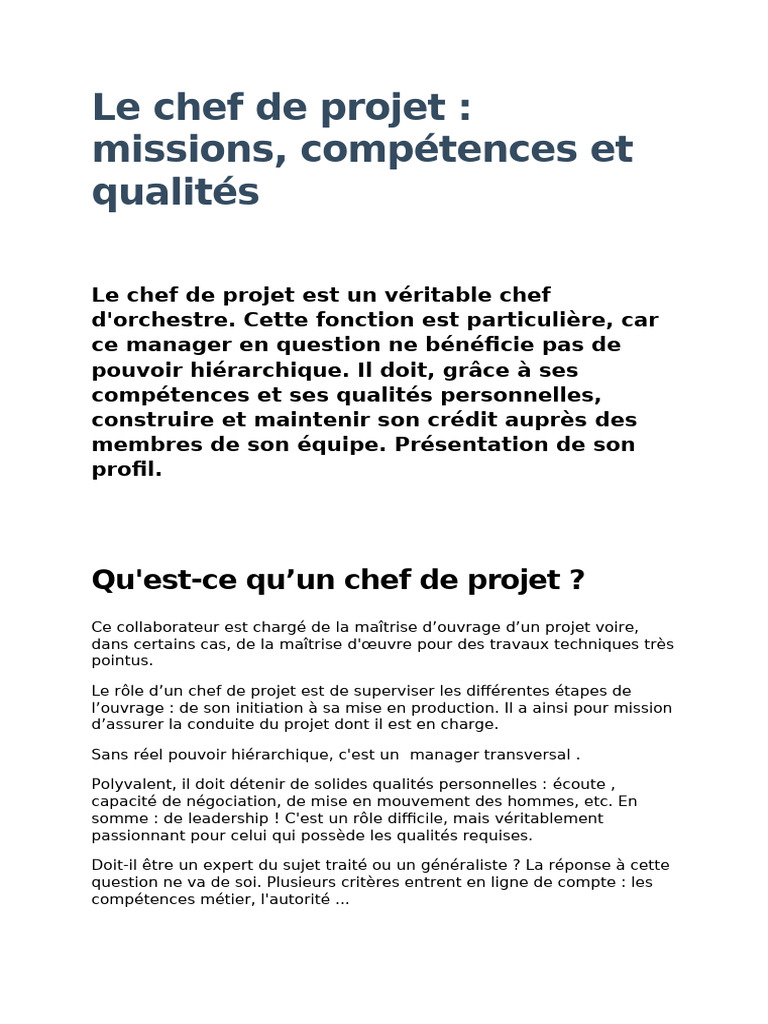 Rôle et compétences du chef de projet | PDF | Chef de projet | Direction