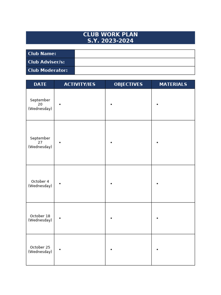 2023 Club Work Plan Template | PDF