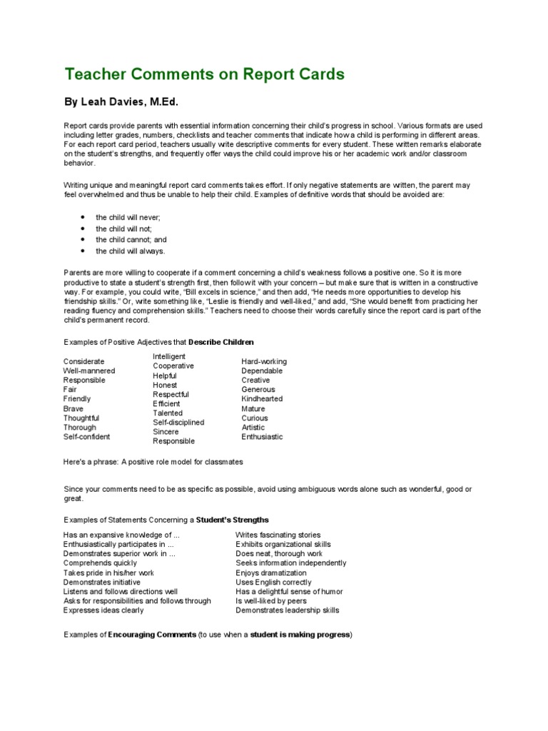 Effective Teacher Comments for Report Cards | PDF | Homework | Conversation