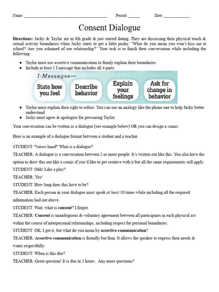 Copy of G8 FLHS - SLT #1 Consent Dialogue | PDF | Consent | Communication