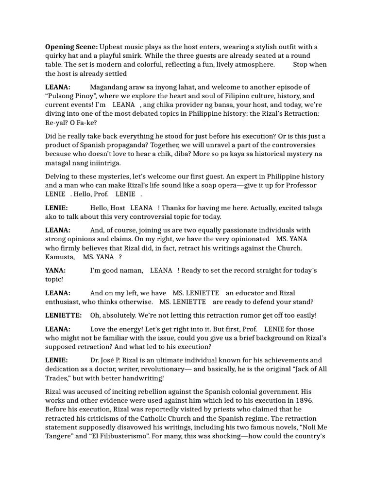 Retraction of Rizal - Talk Show Script | PDF