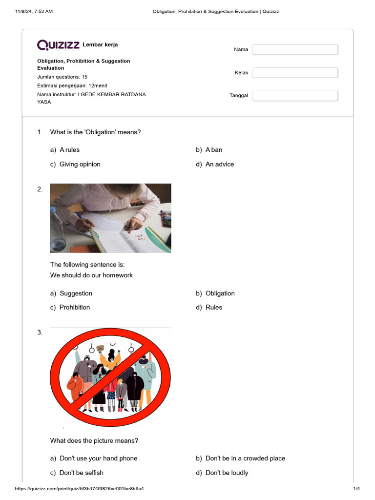 Obligation, Prohibition & Suggestion Quiz | PDF