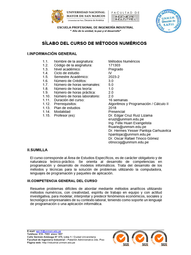 Silabo de Métodos Numéricos | PDF | Matemáticas | Ingeniería