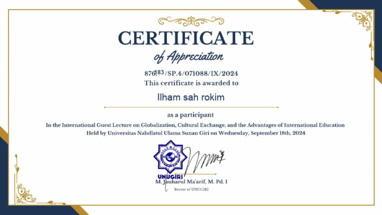 Sertifikat International Lecture Ilham Sah Rokim | PDF