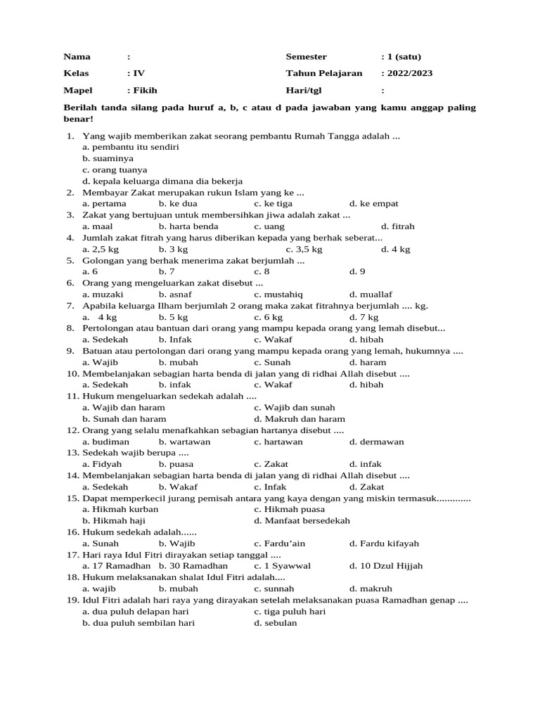 Soal Uas Fikih Kelas 3, 4 | PDF
