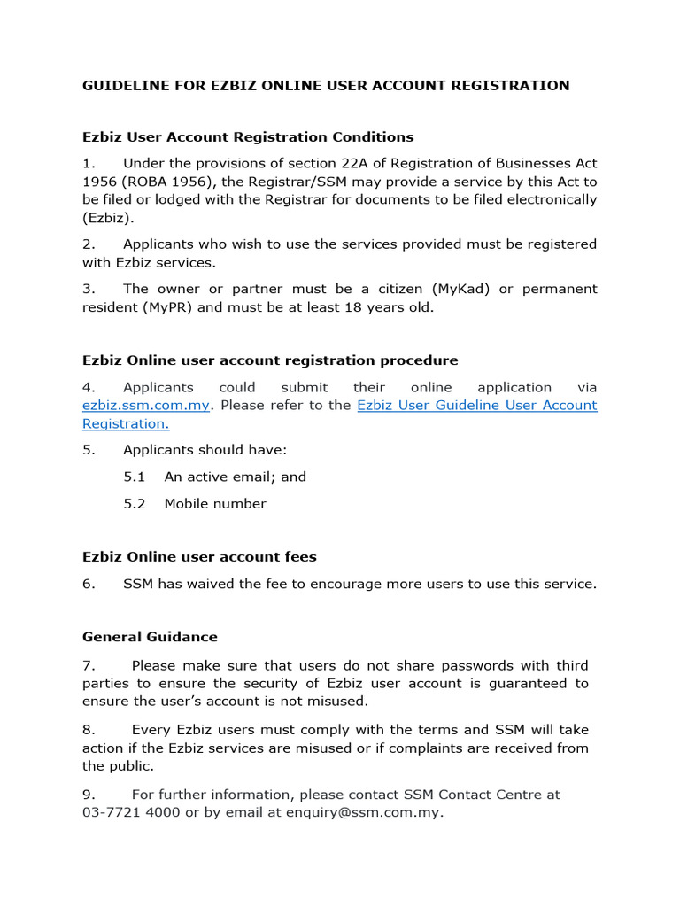 Guideline For Ezbiz Online User Account Registration | PDF