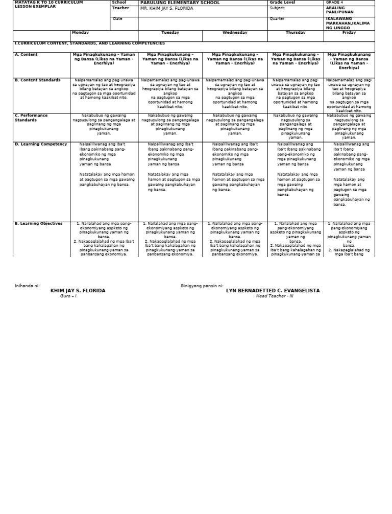 Grade 4-Q2W5 (Matatag DLL) - Ap | PDF