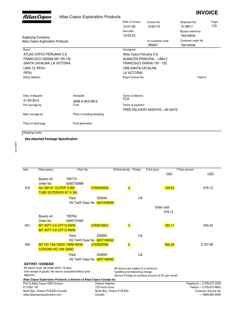 Inv 3100115 | Invoice | Tariff