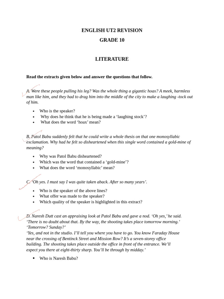 Grade 10 English Literature Revision Guide | PDF