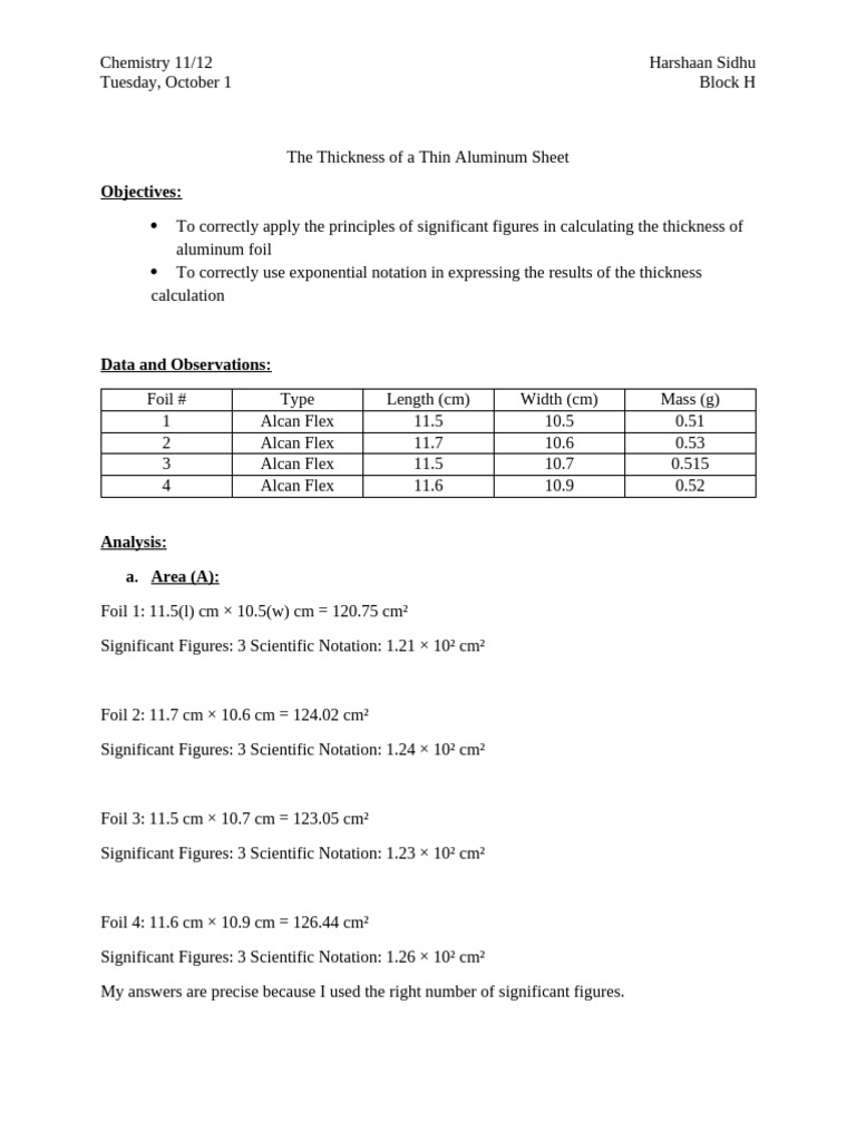 The Thickness of A Thin Aluminum Sheet | PDF | Significant Figures | Volume