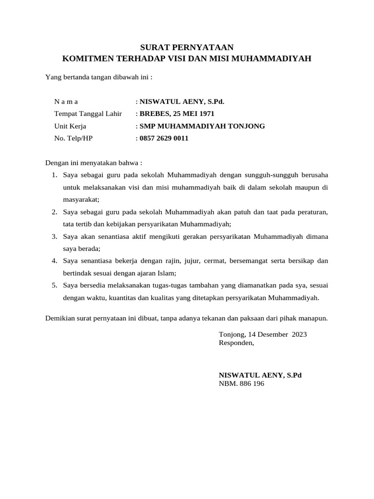 Surat Pernyataan Komitmen | PDF | Pengembangan Diri