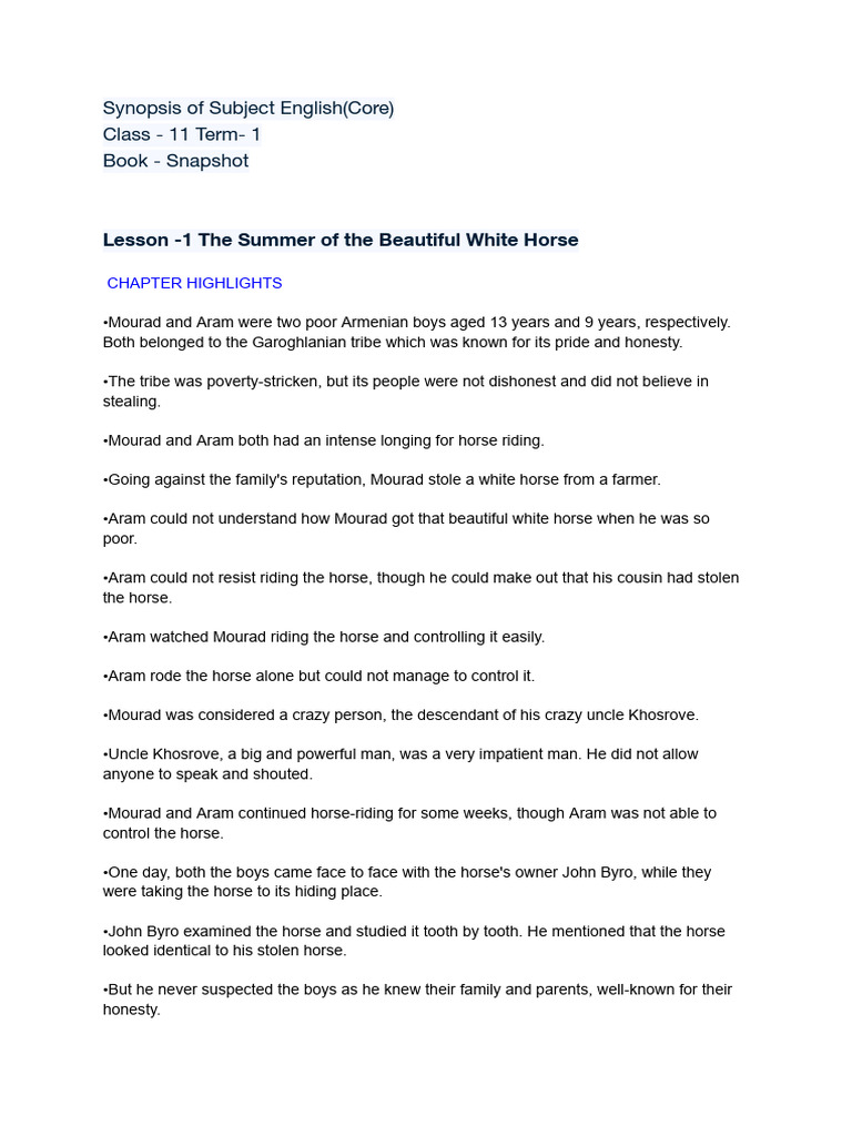 Synopsis Class 11 English (Snapshot) | PDF