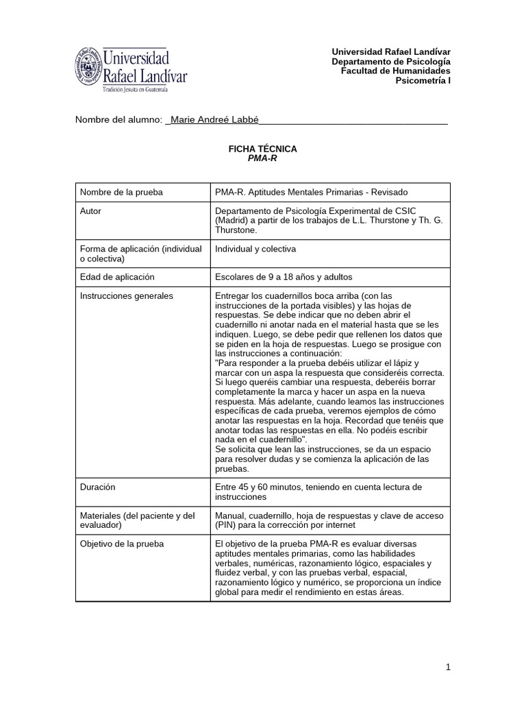 Formato de Ficha Técnica PMA-R | PDF | Ciencia cognitiva | Cognición