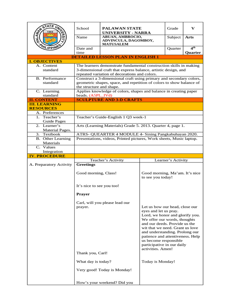 Detailed Lesson Plan in Arts | PDF | Learning | Lesson Plan