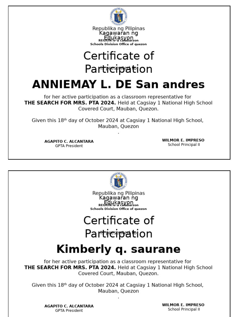 MRS PTA Certificate of Participation | PDF