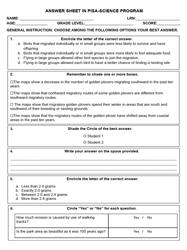 Answer Sheet Pisa | PDF | Bird Migration | Water