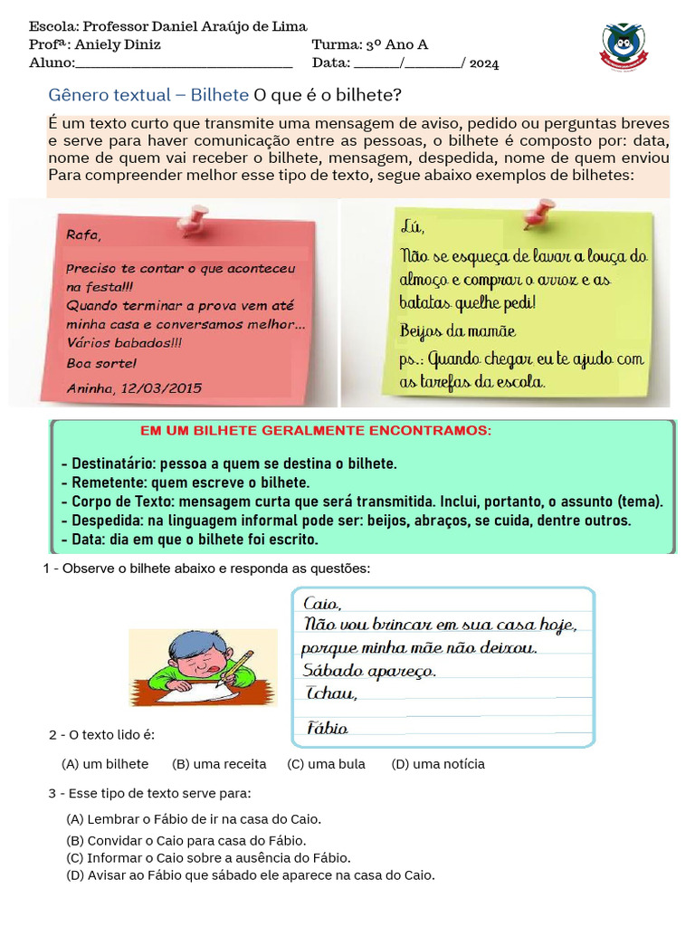 Plano de Aula Bilhete | PDF