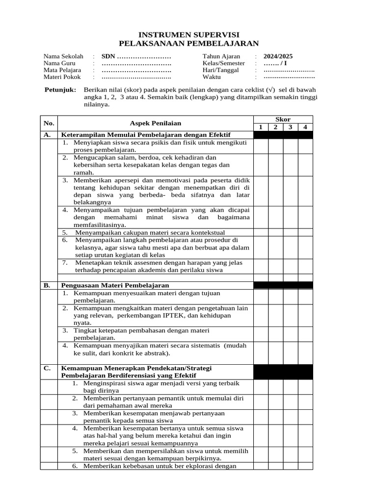 INSTRUMEN SUPERVISI KBM - Kumer - Fix | PDF