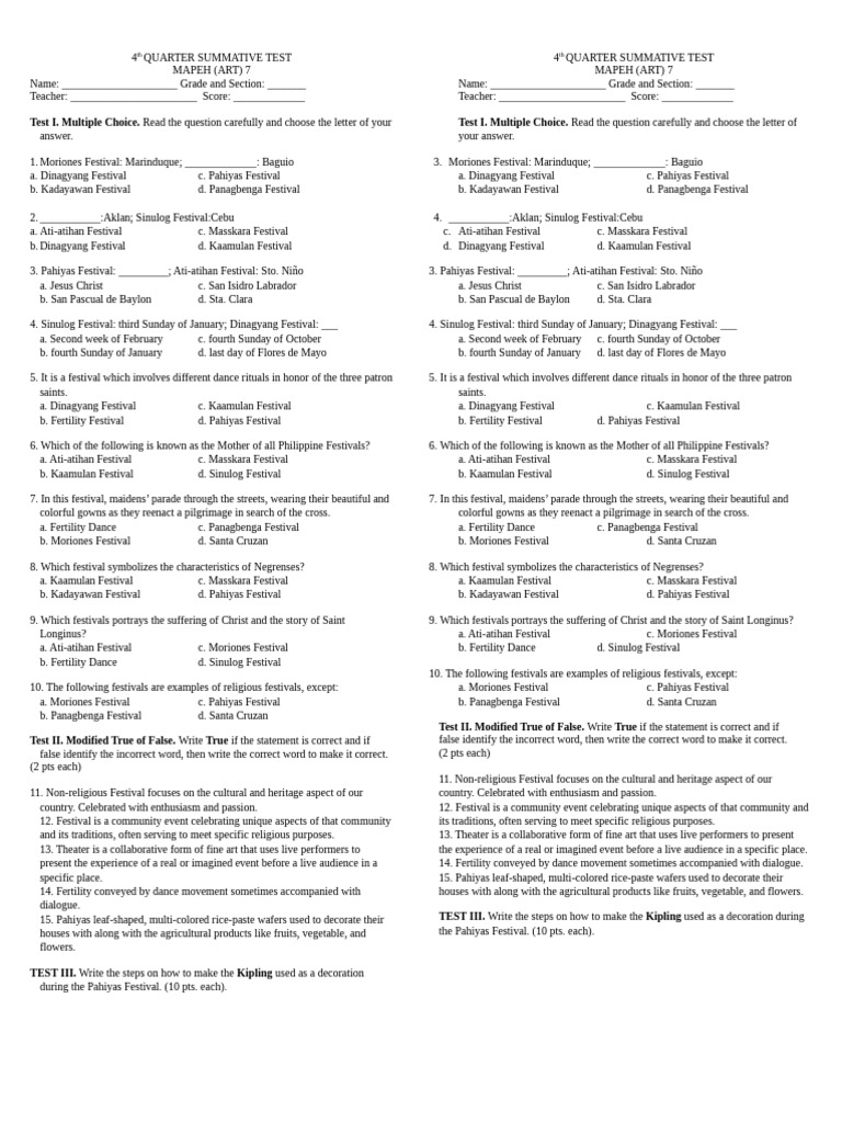 4th QUARTER SUMMATIVE TEST (ARTS) | PDF | Cebu | Theatre