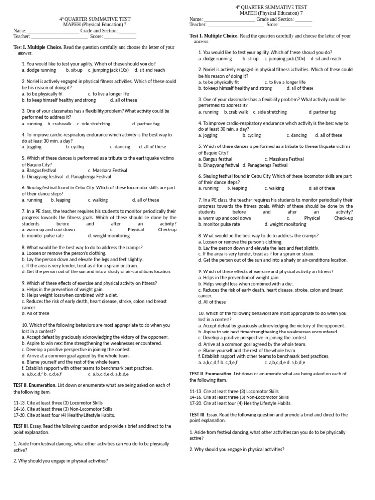 4th QUARTER SUMMATIVE TEST (PE) | PDF | Physical Education | Physical ...