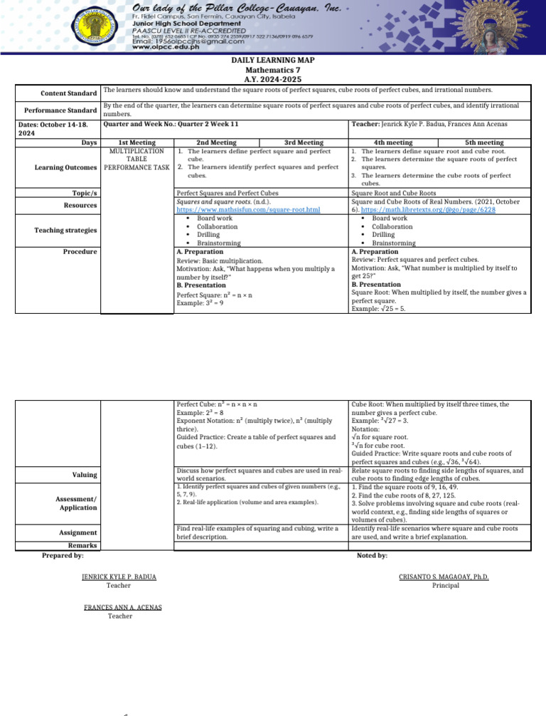 Daily Learning Map Mathematics 7 A.Y. 2024-2025: Squares and Square ...