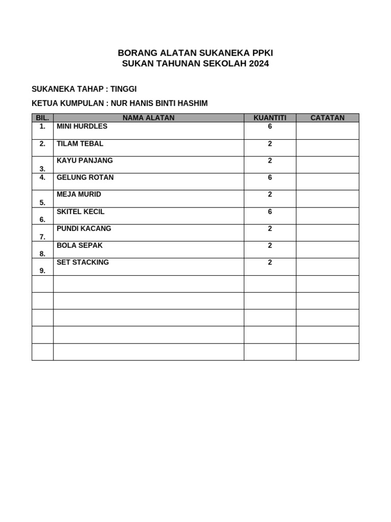 Borang Alatan Sukaneka Ppki 2024 | PDF