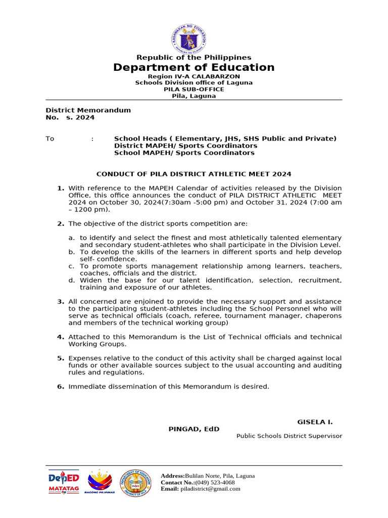 2024 District Meet Memo | PDF | Sports