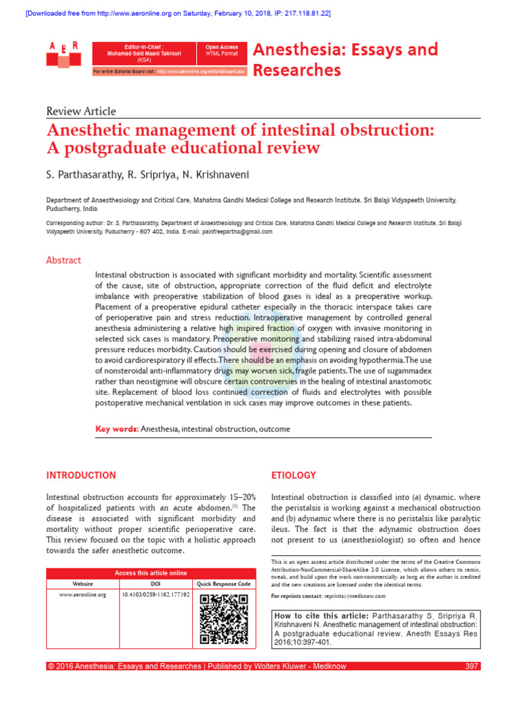Anesthetic Management of Intestinal Obstruction | PDF | Anesthesia | Sepsis