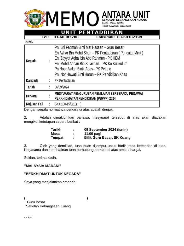 MEMO SK KUANG PENGURUSAN PENTADBIRAN bppp2024 | PDF