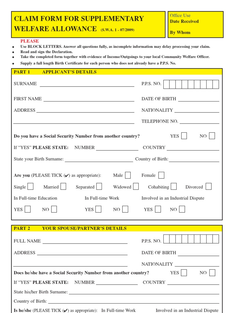 Claim Form For Supplementary Welfare Allowance: Please | PDF | Social ...