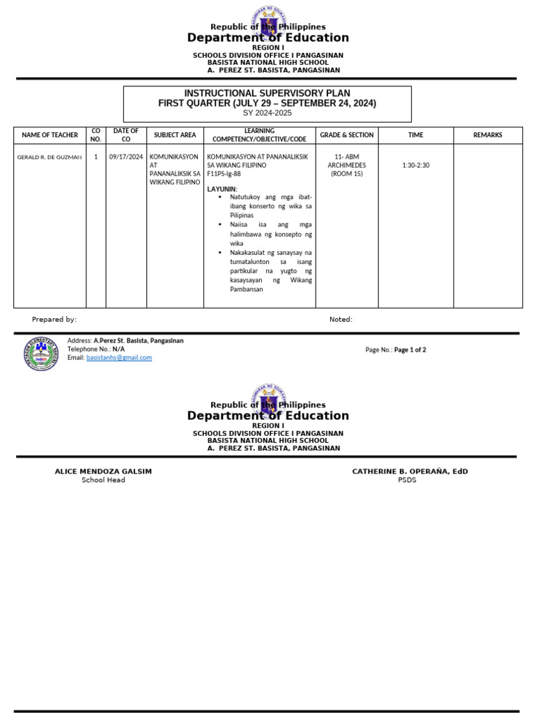 BNHS SHS Instructional Plan 2024-2025 | PDF | Philippines | Languages ...