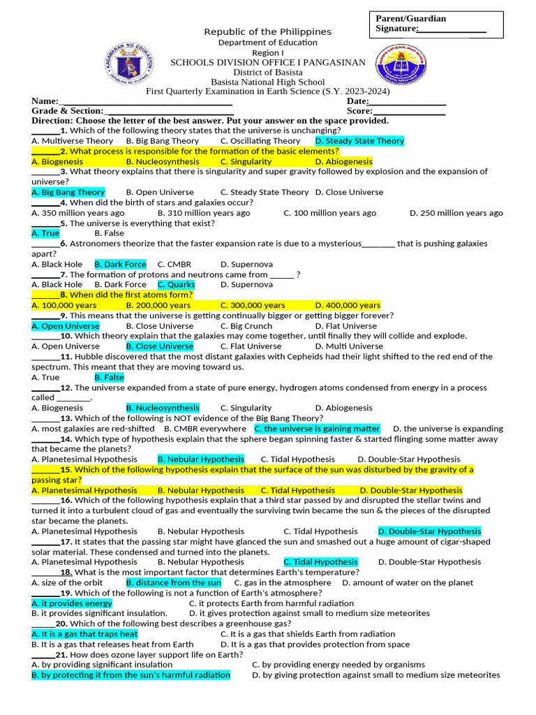 ES - First Quarterly Examination | PDF | Earth | Universe