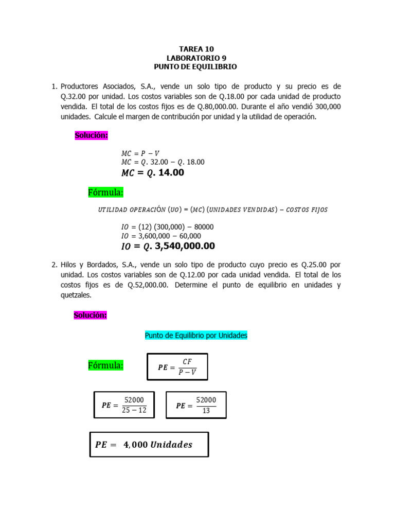 Tarea 10 - Laboratorio 9 Punto de Equilibrio | PDF | Ciencias económicas | Negocios económicos