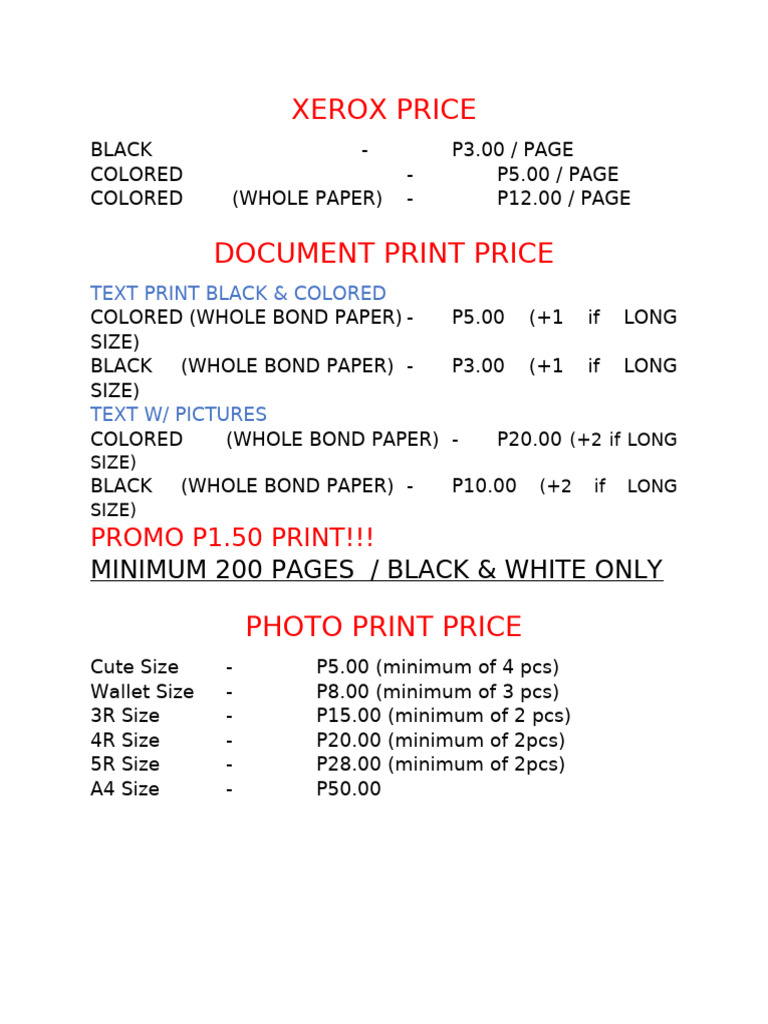 Printing Price List 2025 | PDF