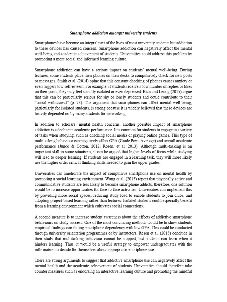 Smartphone Addiction Essay APA-Revised | PDF | Smartphone | Learning