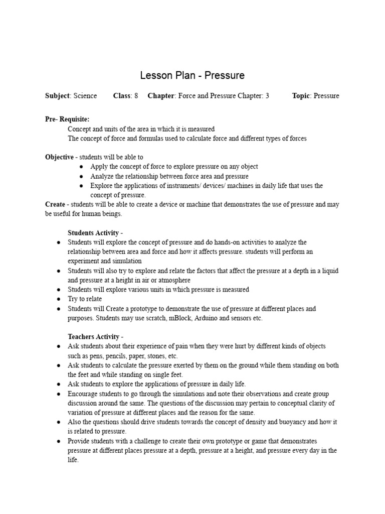 Lesson Plan - Pressure:: Science: 8: Force and Pressure Chapter: 3 ...