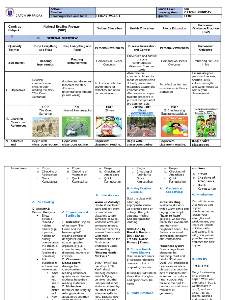 q1 Week 1 DLL Catch Up Friday Grade 6 | PDF | Reading Comprehension