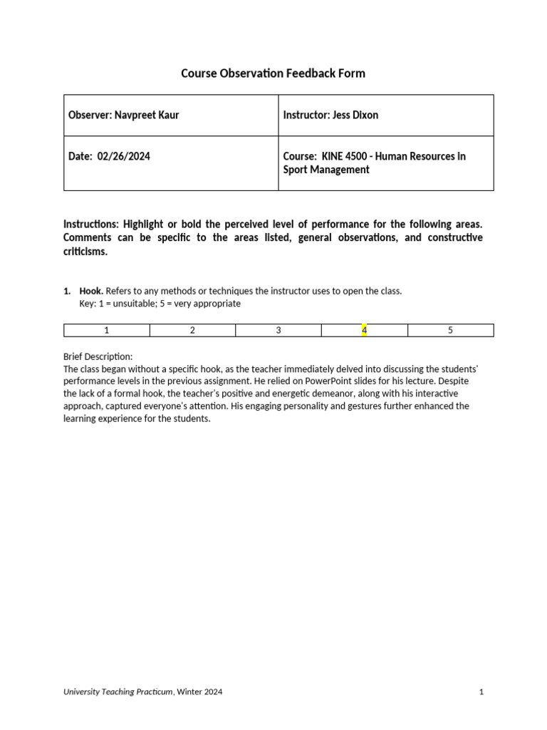 KINE 4500 Course Observation Feedback | PDF | Lecture | Teachers