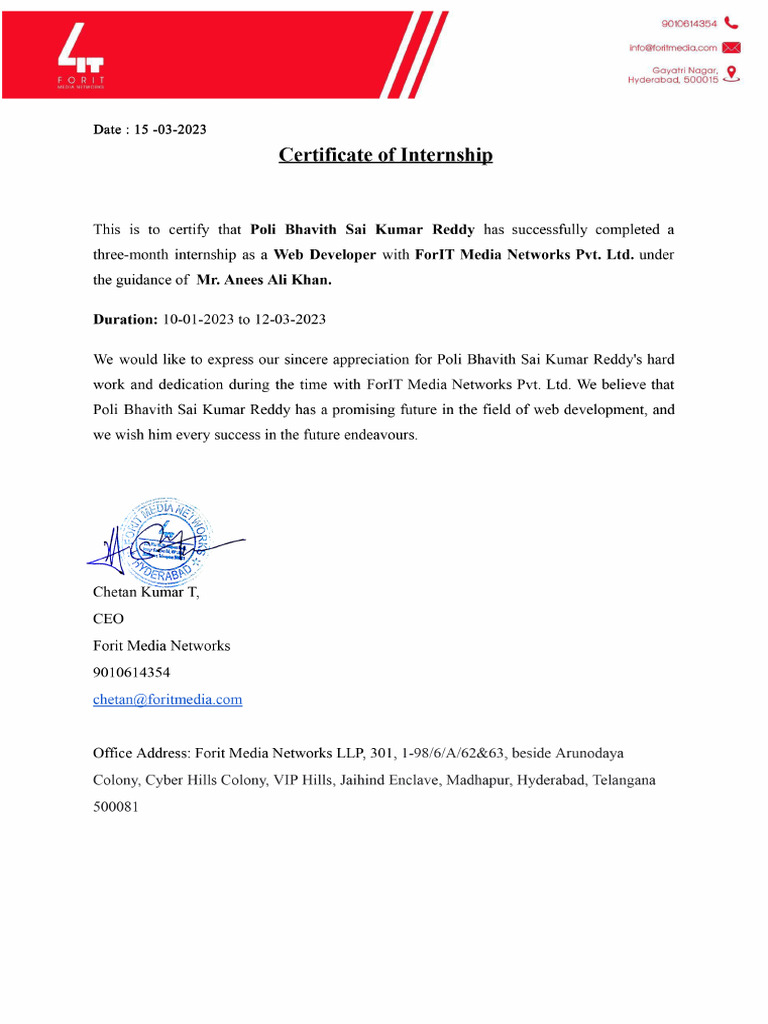 Bavith Internship Certificate | PDF